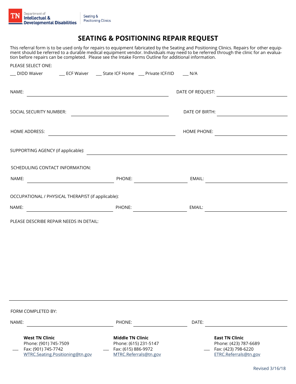 Tennessee Seating & Positioning Repair Request - Fill Out, Sign Online ...