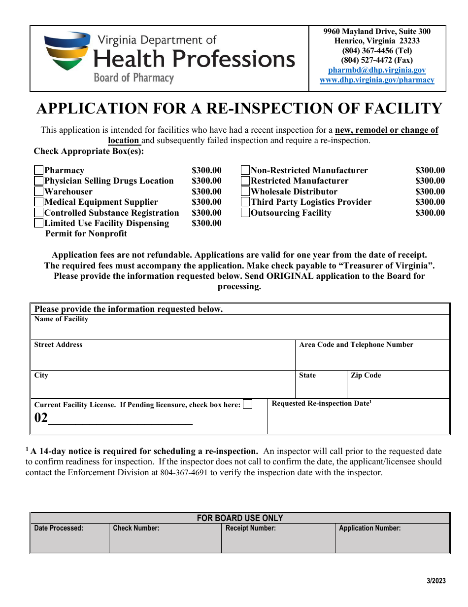 Virginia Application for a Re-inspection of Facility Download Printable ...