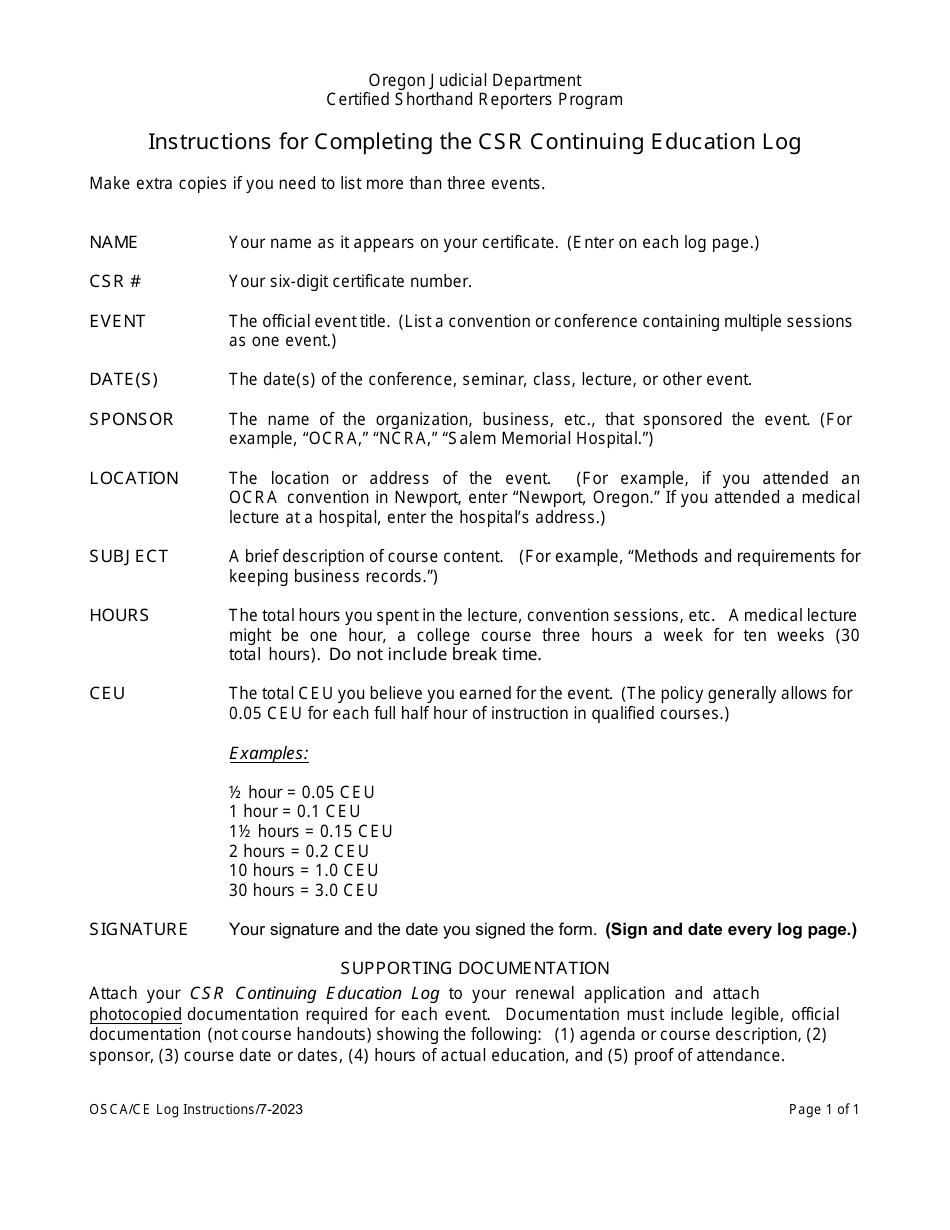 Oregon Csr Continuing Education Log Download Fillable PDF 2014 — 2025 ...