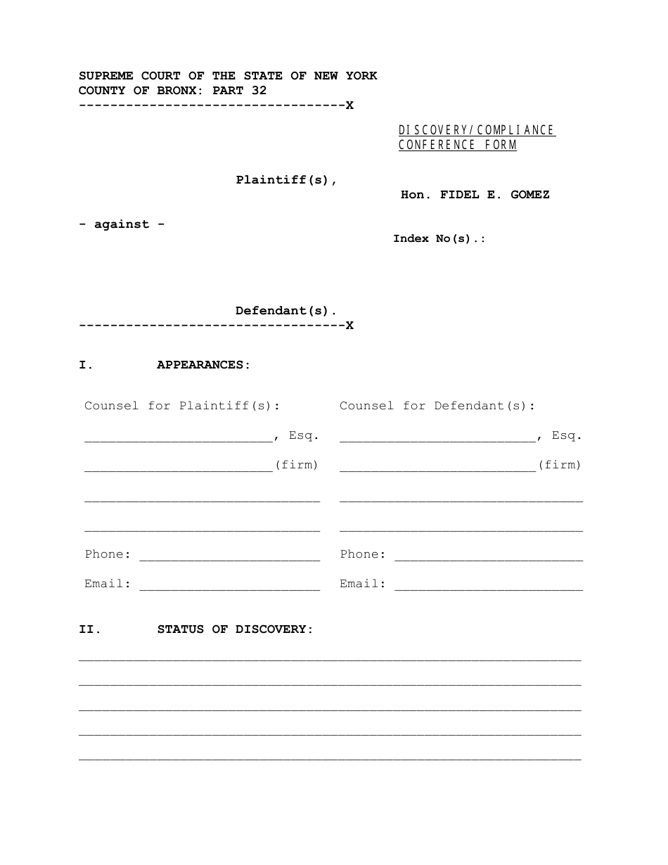 Bronx County, New York Discovery/Compliance Conference Form - Part 32 ...