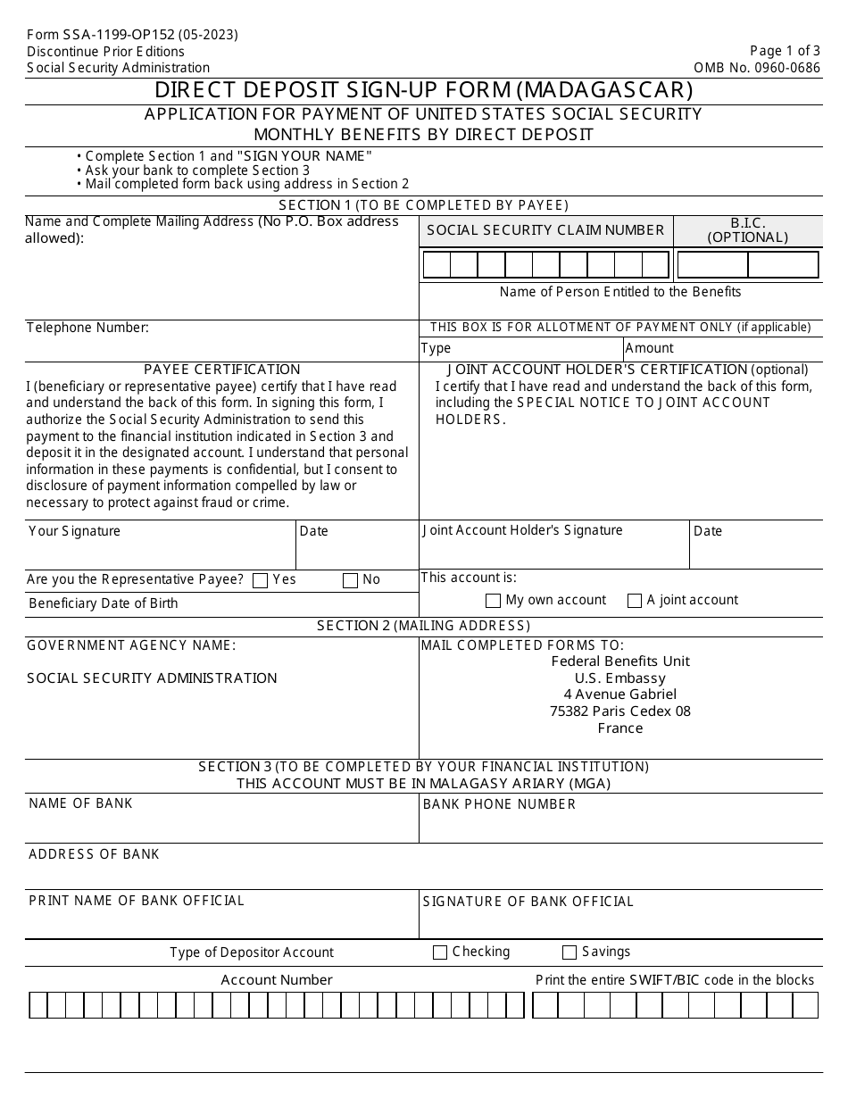 Form SSA-1199-OP152 - Fill Out, Sign Online and Download Fillable PDF ...
