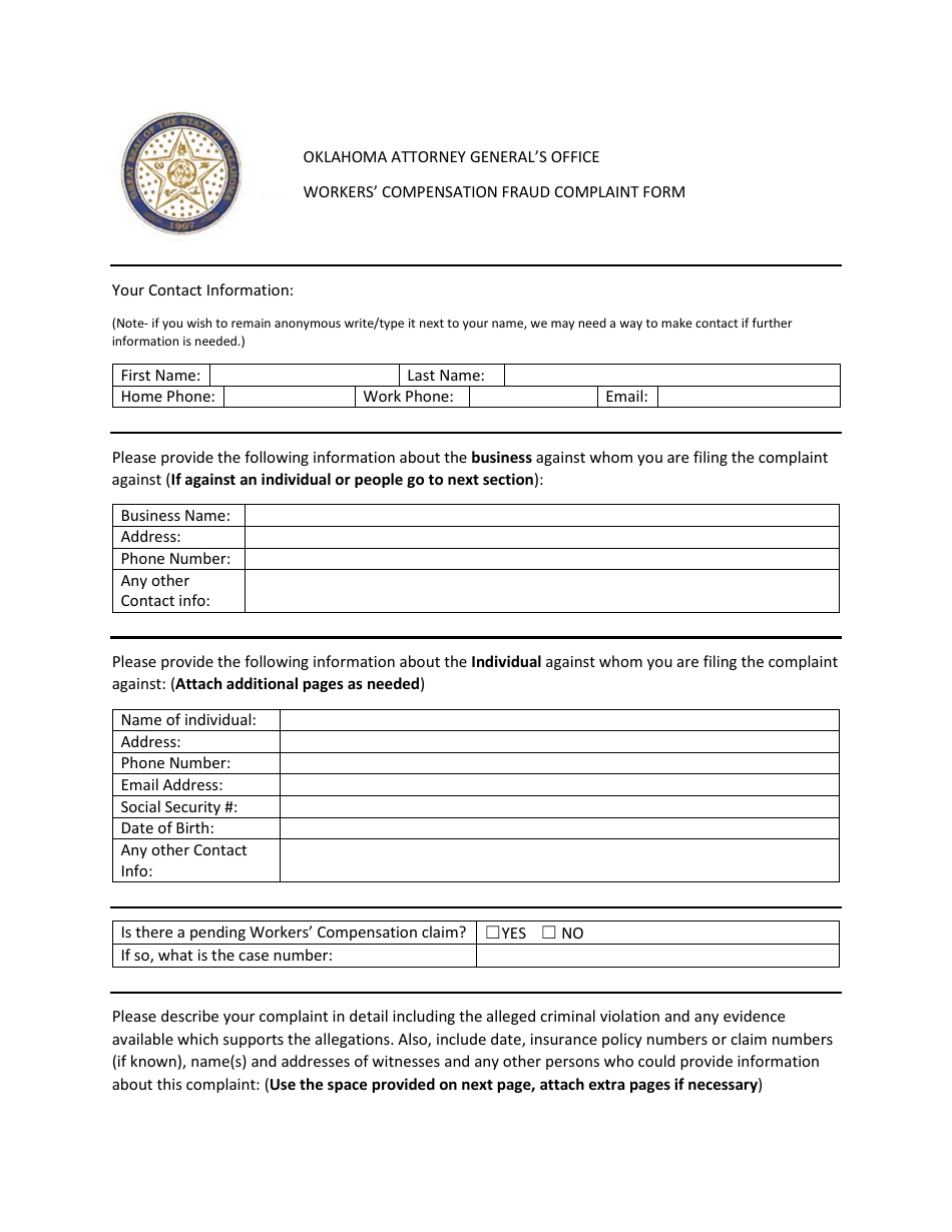 Oklahoma Workers' Compensation Fraud Complaint Form - Fill Out, Sign ...