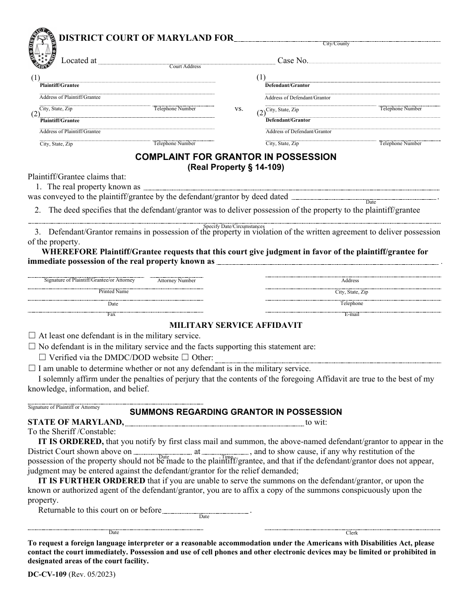 Form DC-CV-109 - Fill Out, Sign Online and Download Fillable PDF ...