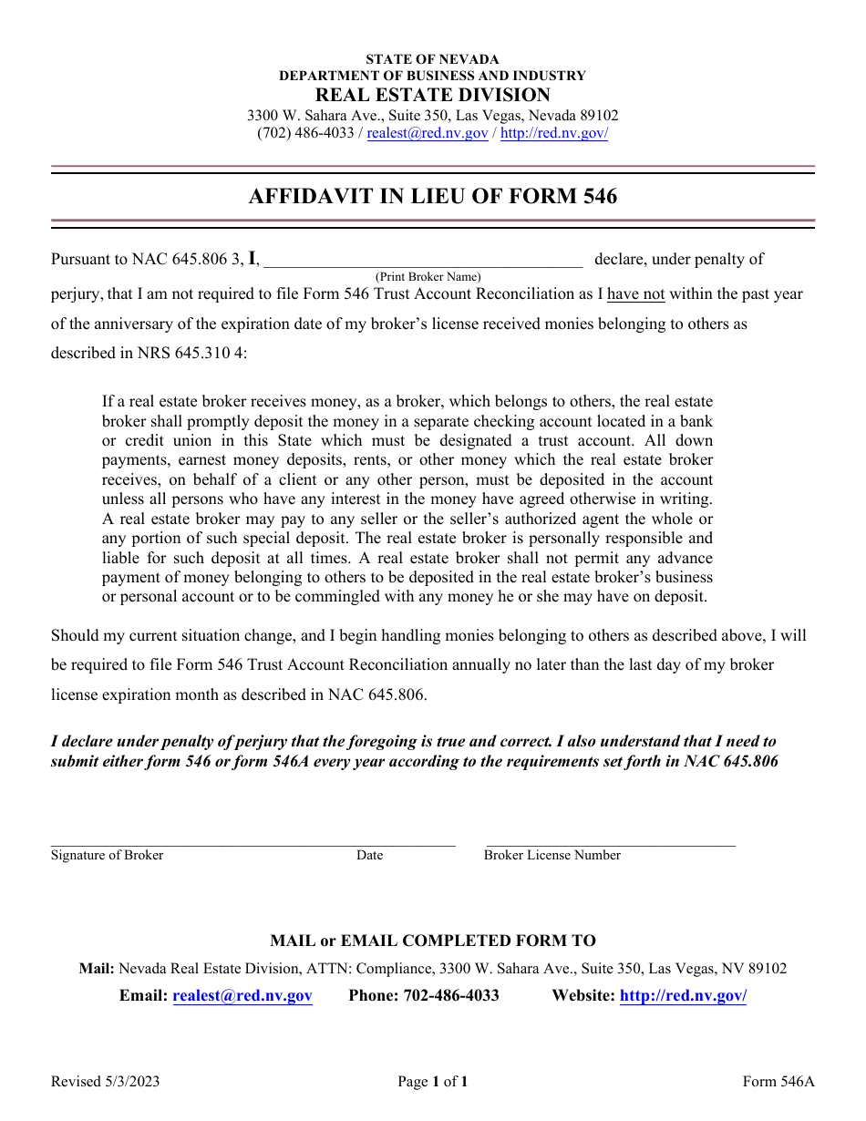 Form 546A - Fill Out, Sign Online and Download Fillable PDF, Nevada ...