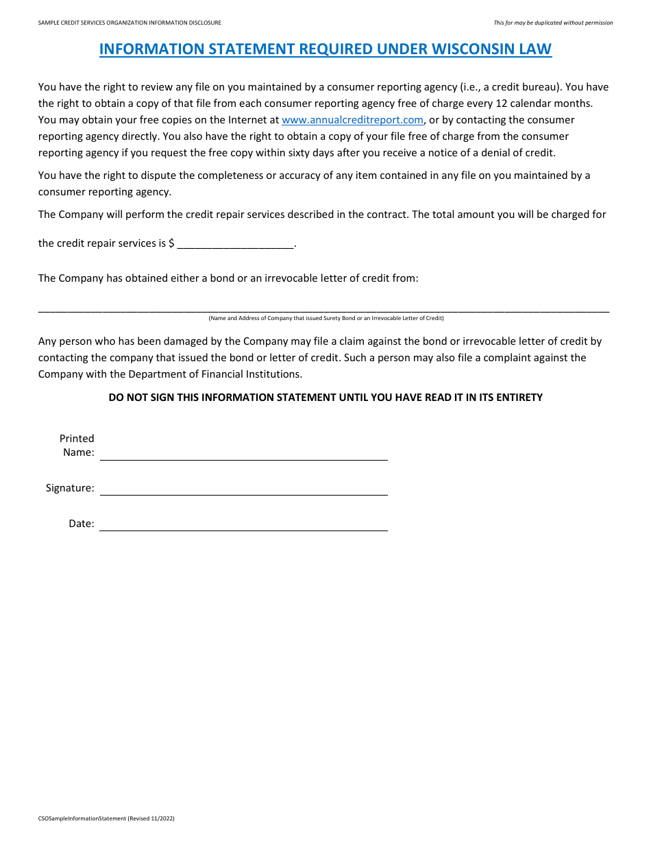 Wisconsin Credit Services Information Statement - Fill Out, Sign Online ...