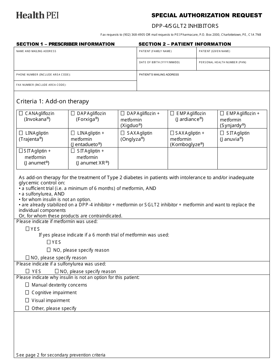 Prince Edward Island Canada Dpp-4/Sglt2 Inhibitors Special Authorization Request Download ...