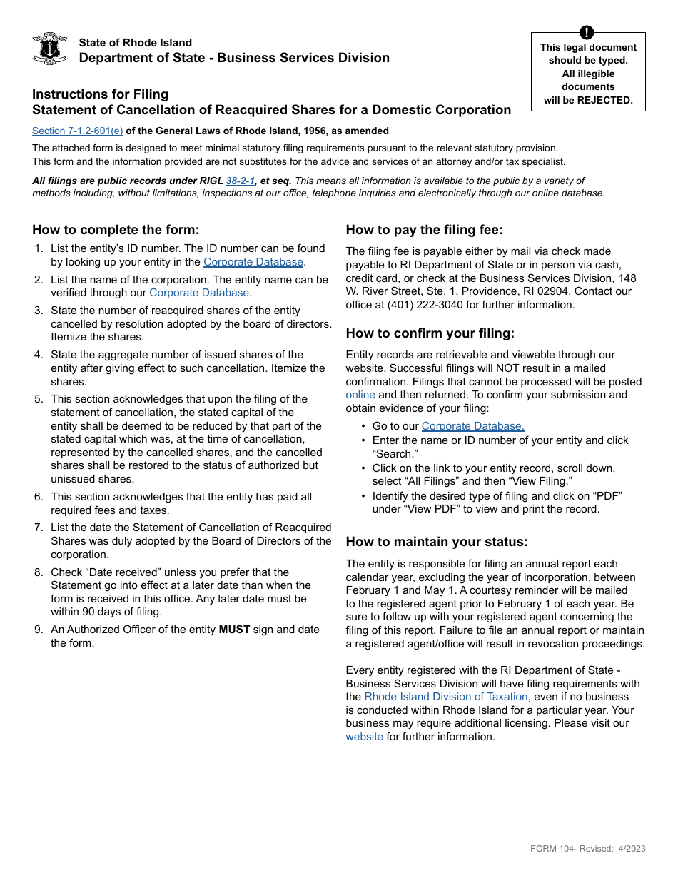 Form 104 Download Fillable PDF or Fill Online Statement of Cancellation ...