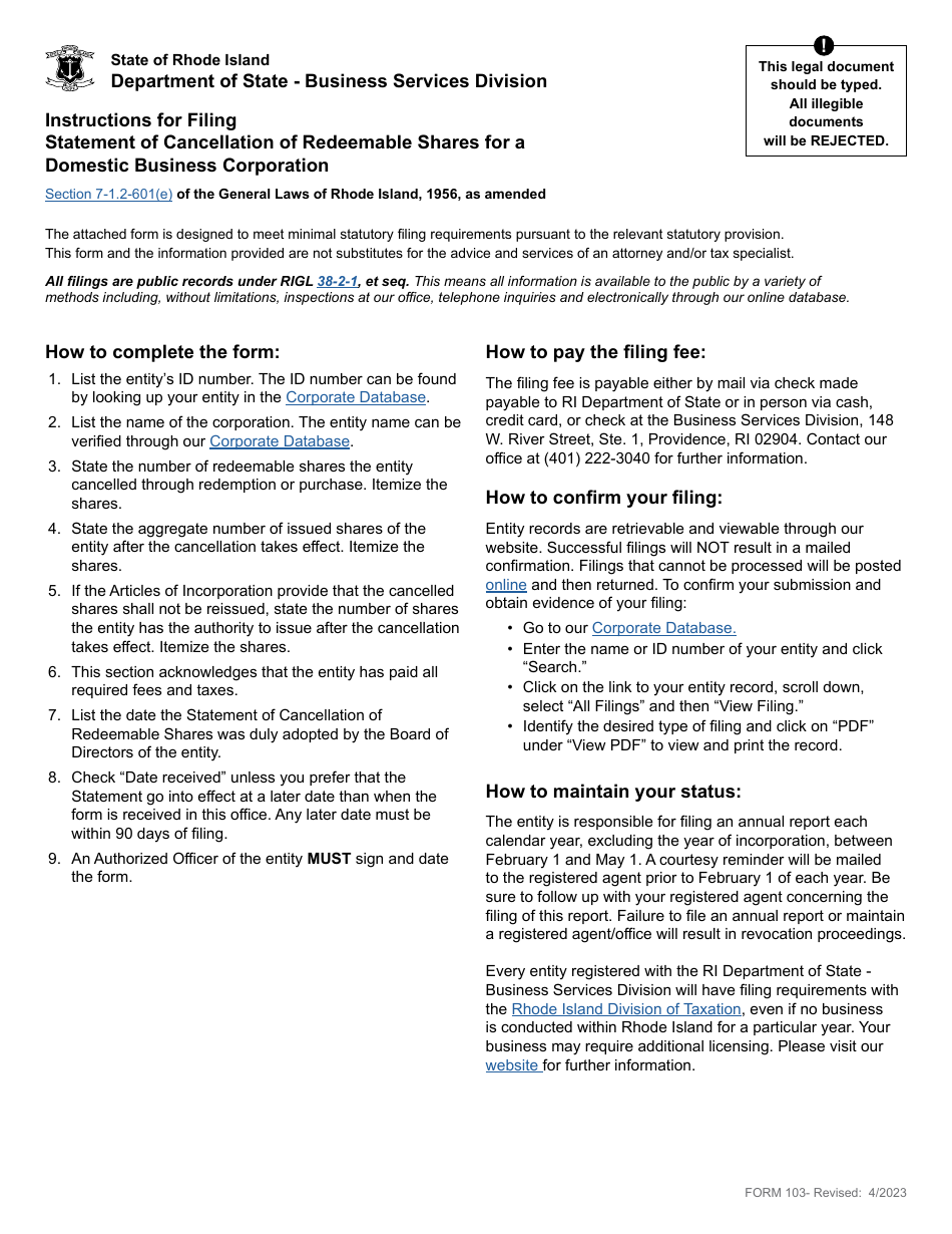 Form 103 Download Fillable PDF or Fill Online Statement of Cancellation ...