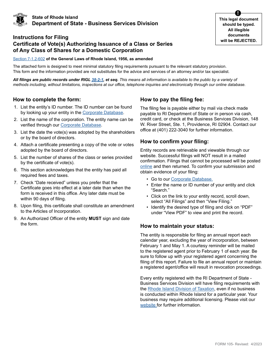 Form 105 Download Fillable PDF or Fill Online Certificate of Vote(S ...