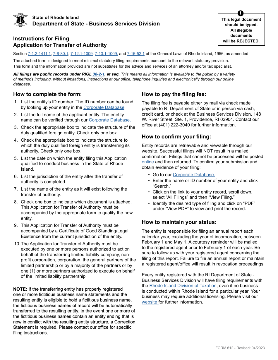 Form 612 Download Fillable PDF or Fill Online Application for Transfer of Authority - Foreign ...