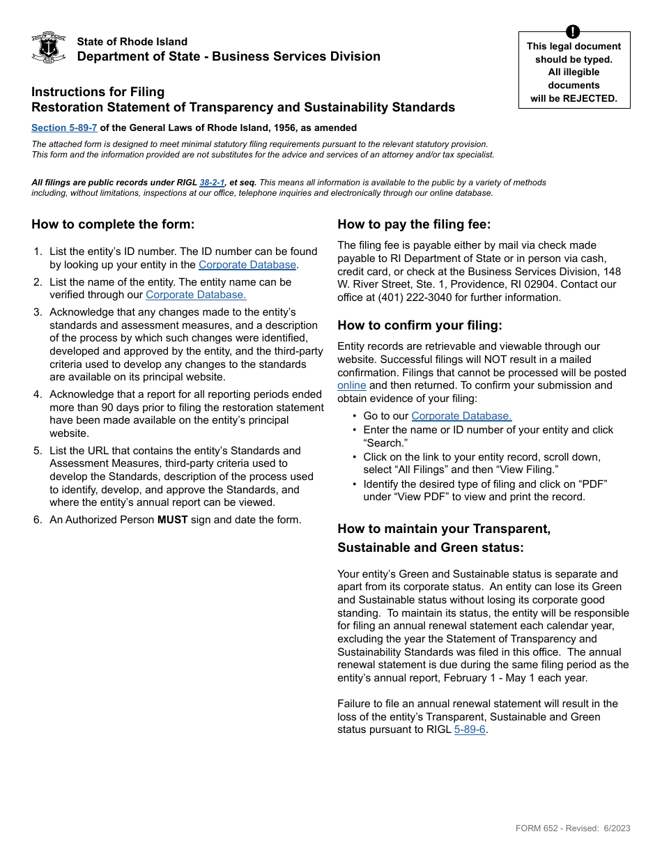 Form 652 Download Fillable PDF or Fill Online Restoration Statement of ...