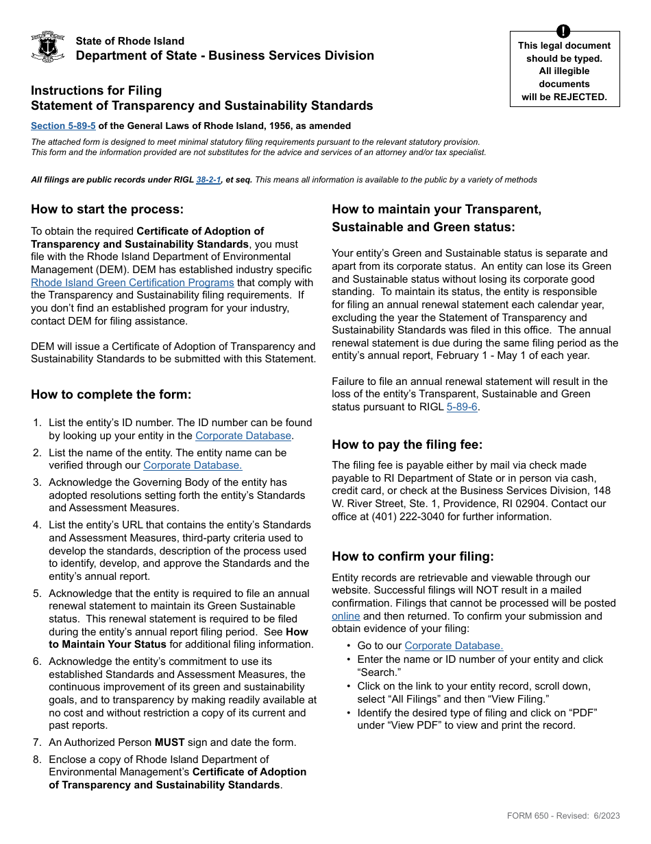 Form 650 Download Fillable PDF or Fill Online Statement of Transparency ...