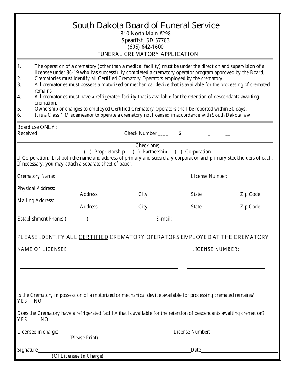 South Dakota Renewal and Initial Crematory Application - Fill Out, Sign ...