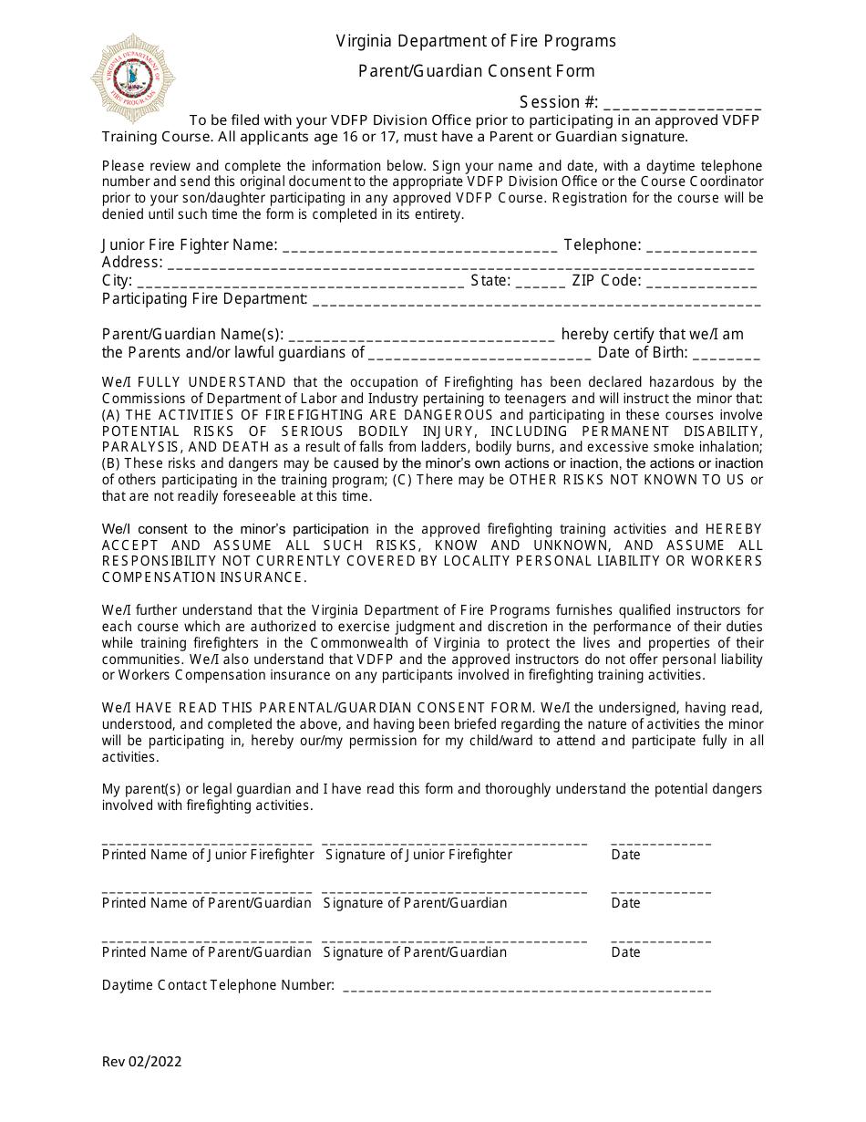 Virginia Junior Firefighter Parental/Guardian Consent Form - Fill Out ...