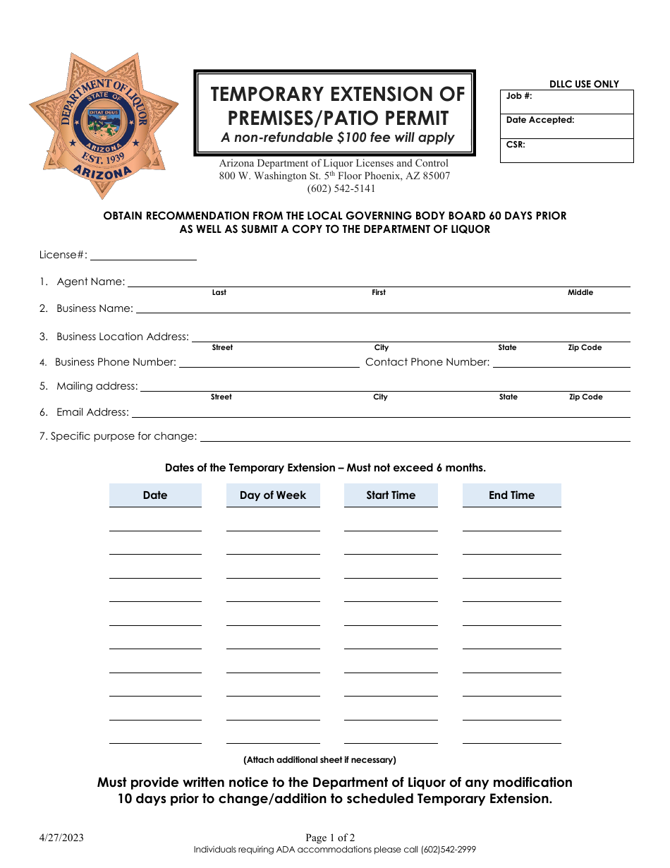 Arizona Temporary Extension of Premises/Patio Permit Download Fillable ...