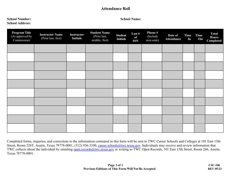 Form CSC-106 Download Printable PDF or Fill Online Attendance Roll ...