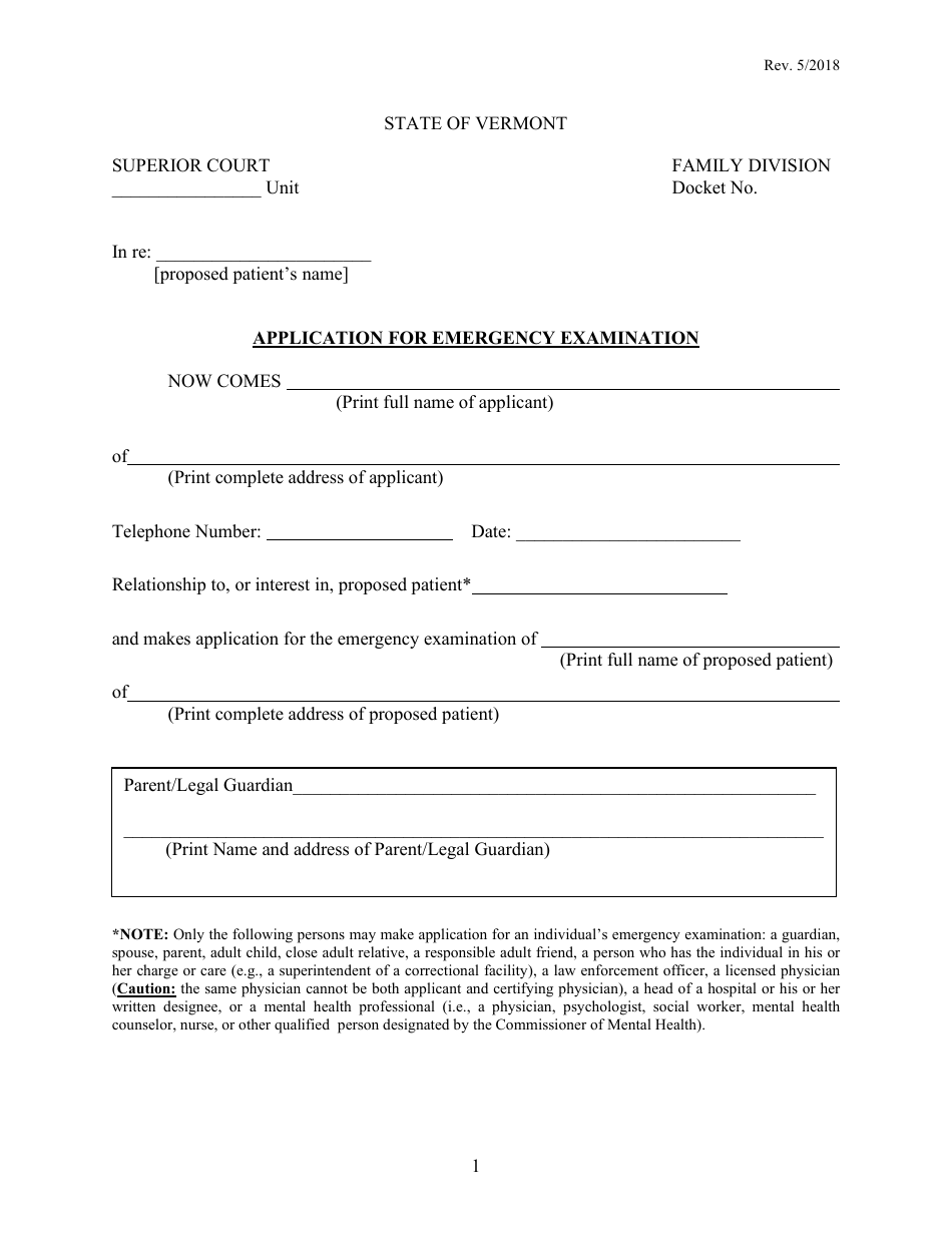 Vermont Application for Emergency Examination - Fill Out, Sign Online ...