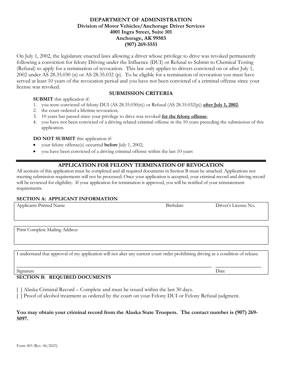 Form 403 Download Printable PDF or Fill Online Application for Felony ...