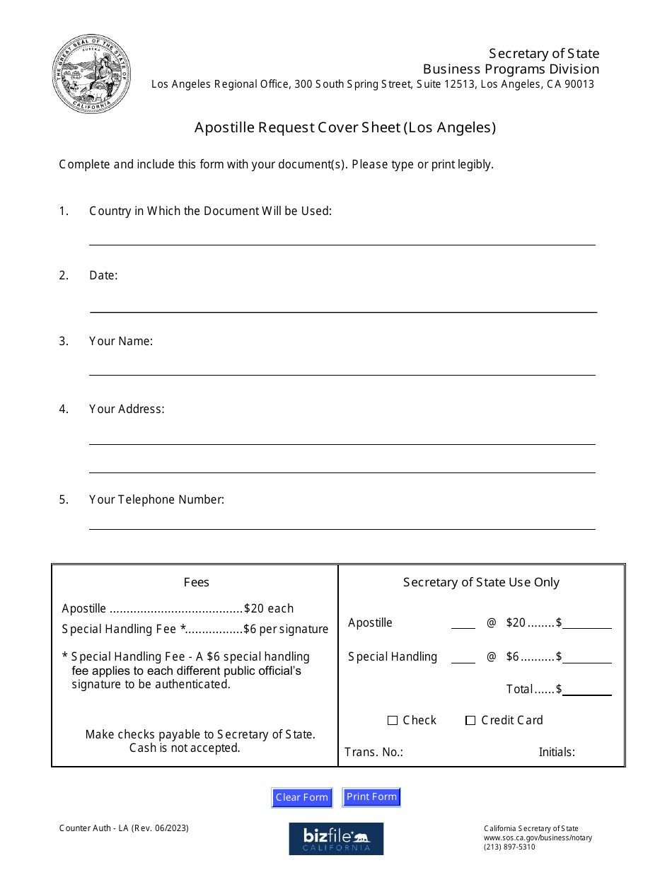 California Apostille Request Cover Sheet (Los Angeles) - Fill Out, Sign ...