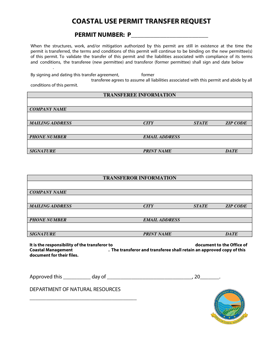 Louisiana Coastal Use Permit Transfer Request Download Fillable PDF | Templateroller