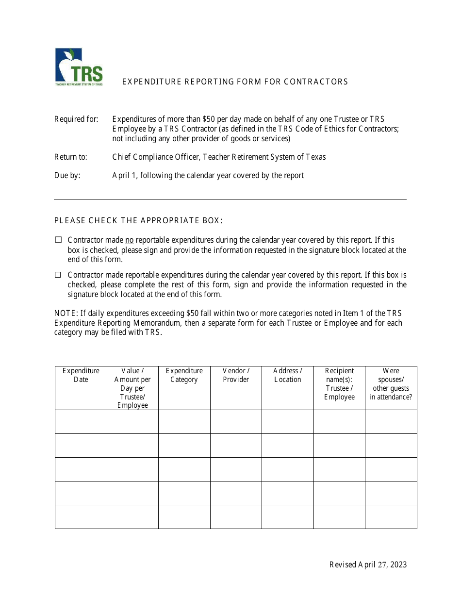 Texas Expenditure Reporting Form for Contractors - Fill Out, Sign ...