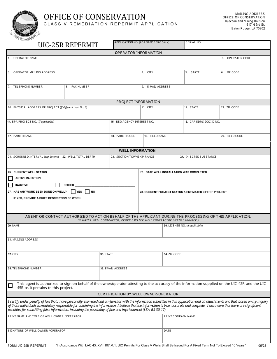 Form UIC-25R Download Fillable PDF or Fill Online Class V Remediation ...
