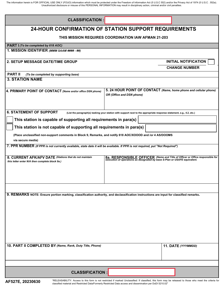 AF Form 527E Download Fillable PDF or Fill Online 24-hour Confirmation ...
