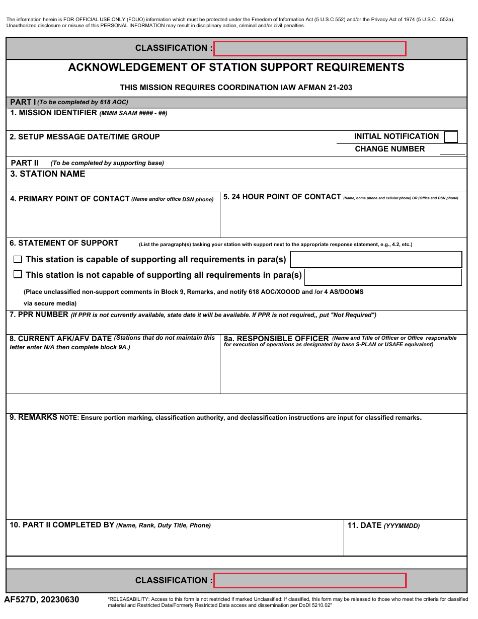 AF Form 527D Download Fillable PDF or Fill Online Acknowledgement of ...