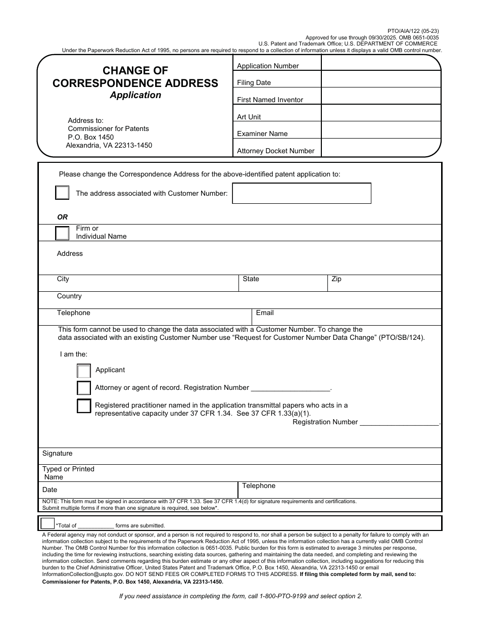 Form PTO/AIA/122 Download Fillable PDF or Fill Online Change of ...