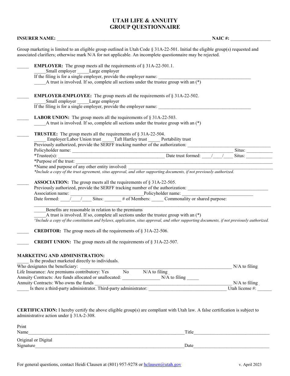Utah Utah Life & Annuity Group Questionnaire Download Fillable PDF ...