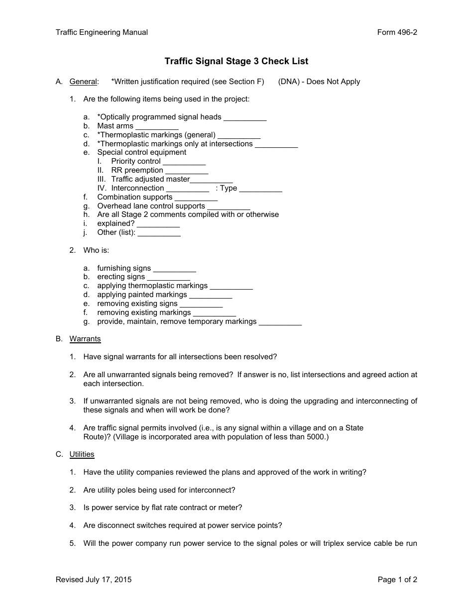 Form 496-2 Download Printable PDF or Fill Online Traffic Signal Stage 3 Check List, Ohio ...