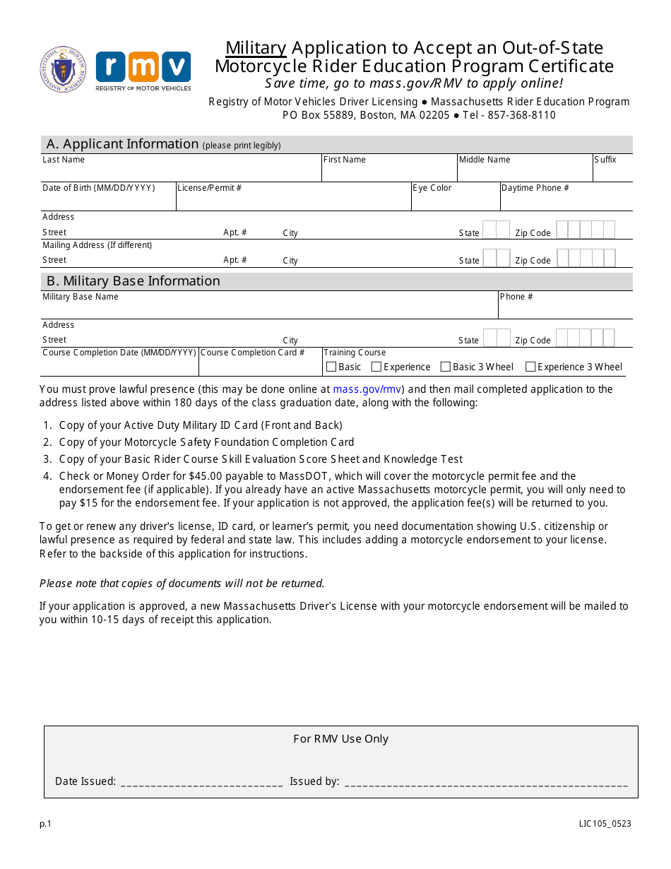 Form LIC105 Download Fillable PDF or Fill Online Military Application ...