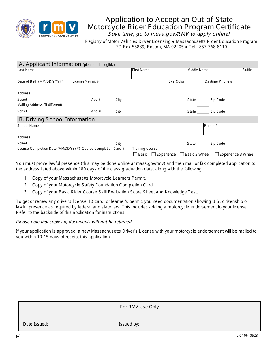 Form LIC106 Download Fillable PDF or Fill Online Application to Accept ...