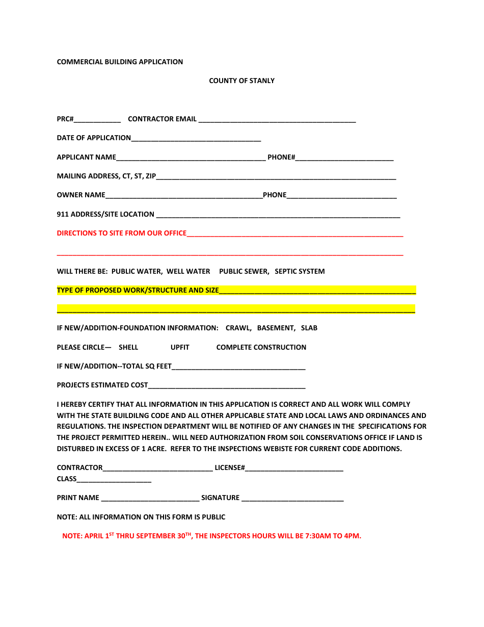 Stanly County, North Carolina Commercial Building Application - Fill ...
