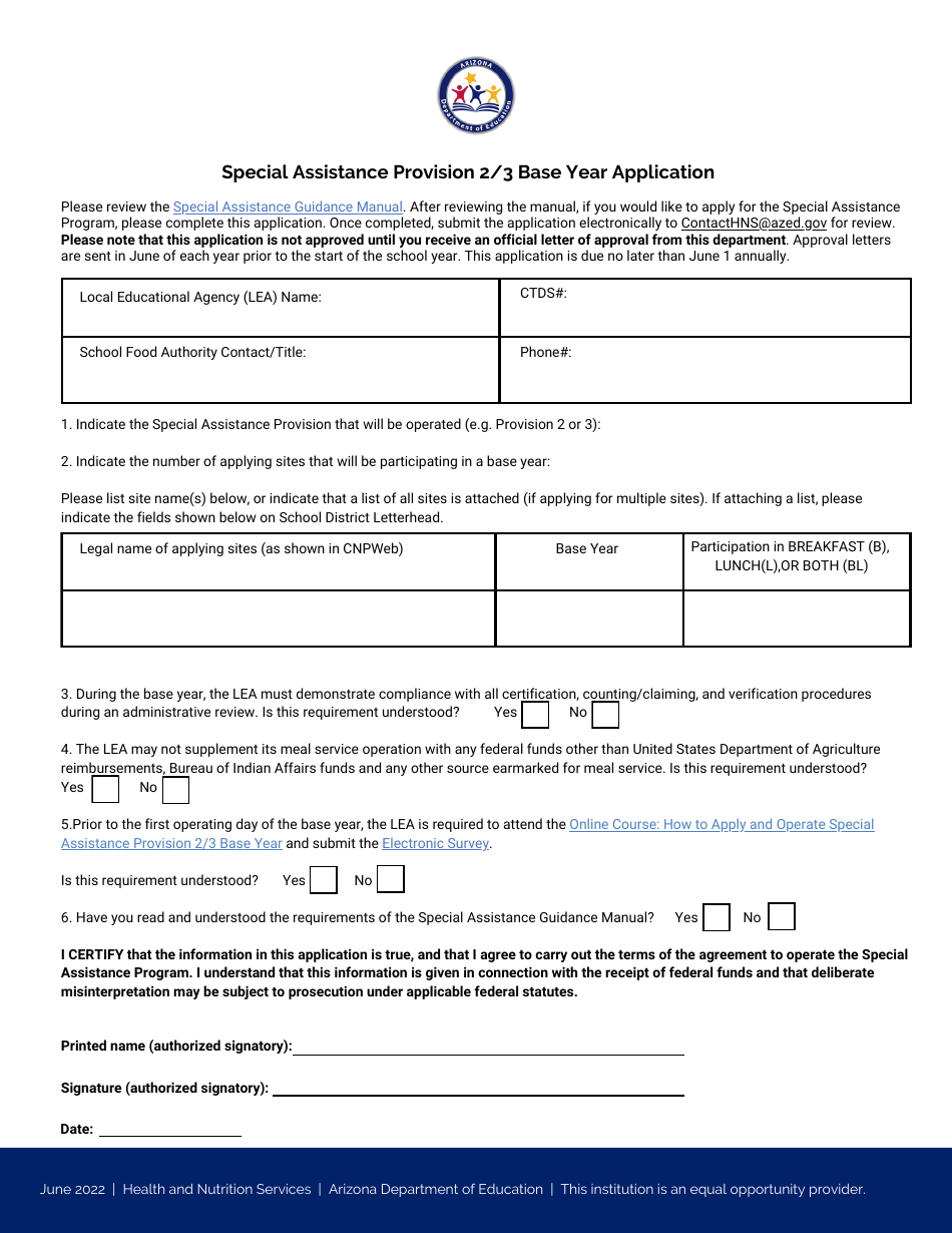 Arizona Special Assistance Provision 2/3 Base Year Application - Fill ...