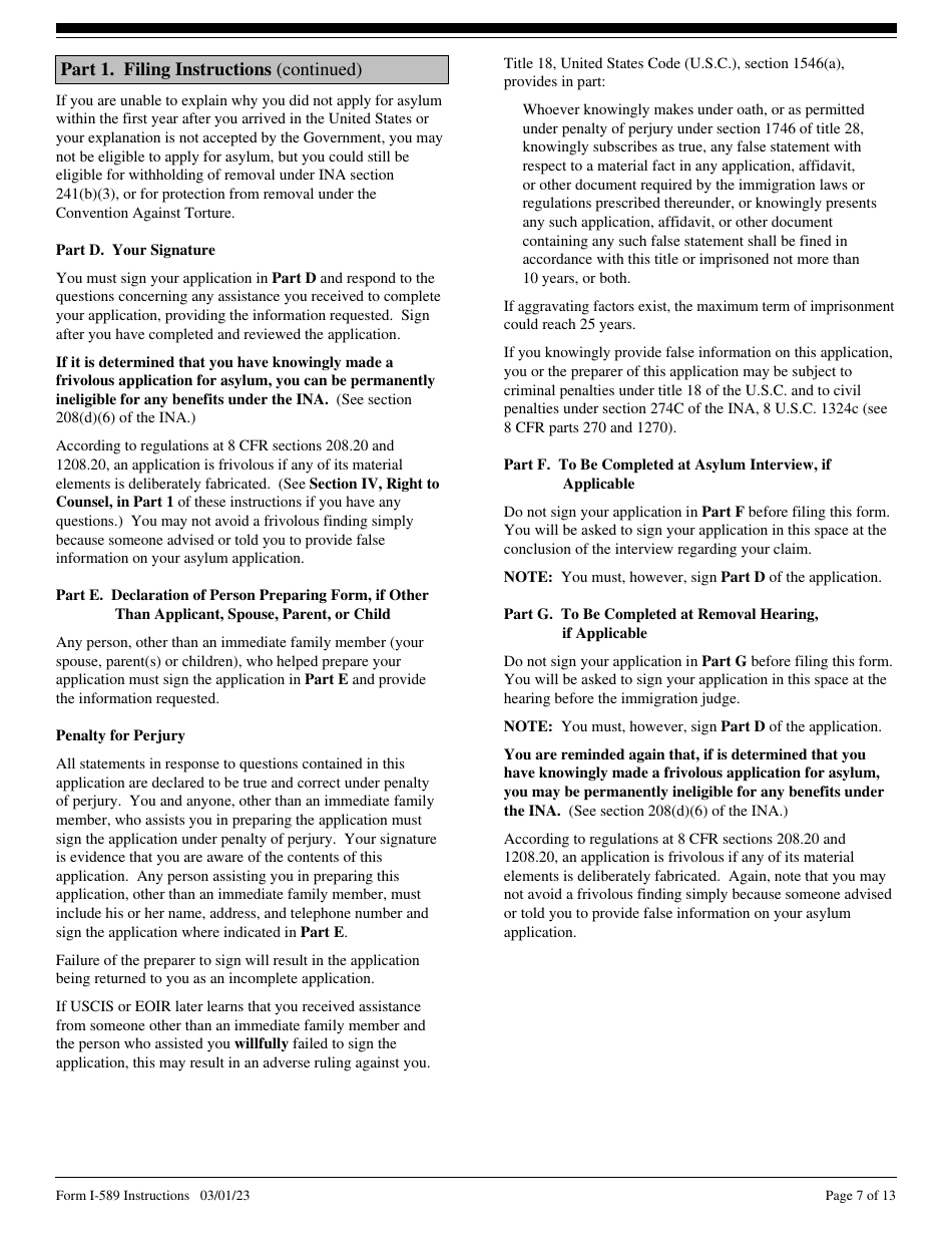 Download Instructions for USCIS Form I-589 Application for Asylum and ...