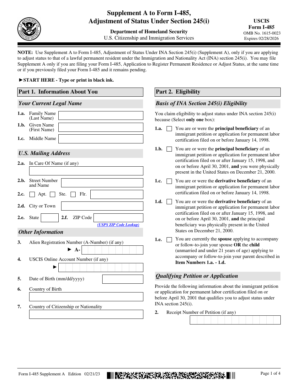 USCIS Form I-485 Supplement A Download Fillable PDF or Fill Online ...