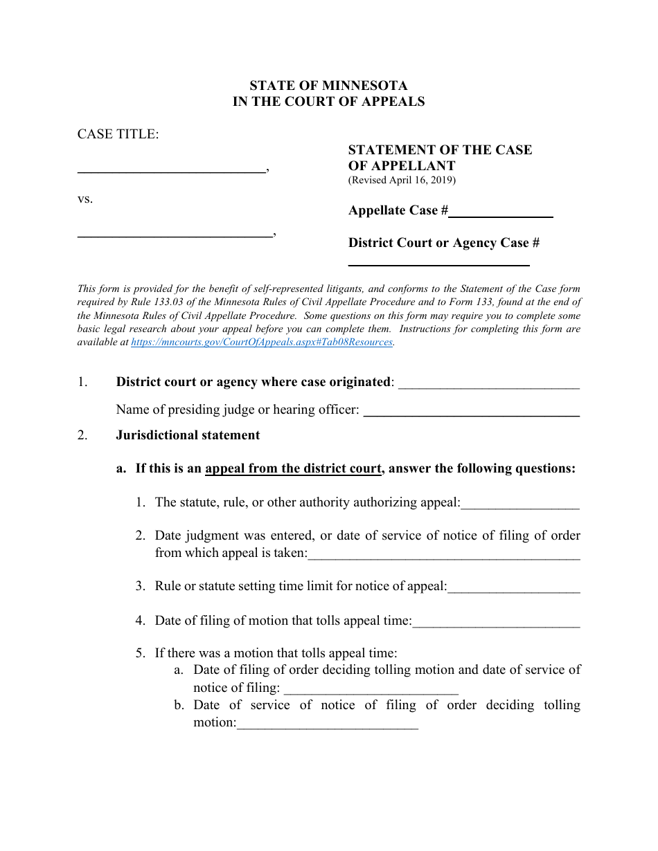 Minnesota Statement of the Case of Appellant - Fill Out, Sign Online ...