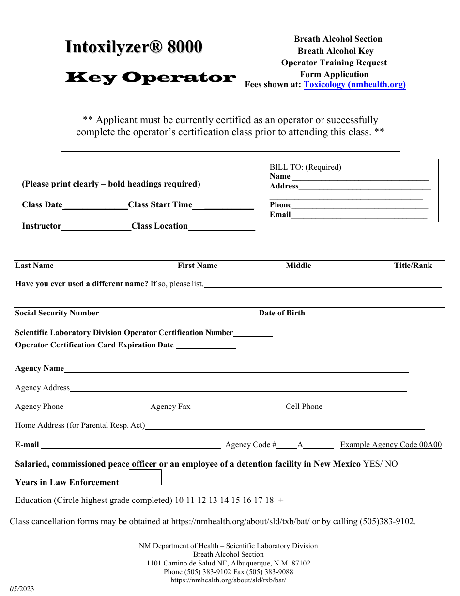 New Mexico Breath Alcohol Key Operator Training Request - Fill Out ...