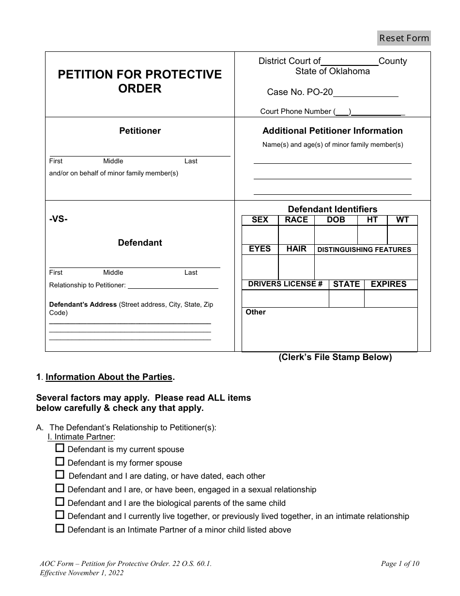 Oklahoma Petition for Protective Order - Fill Out, Sign Online and Download PDF | Templateroller