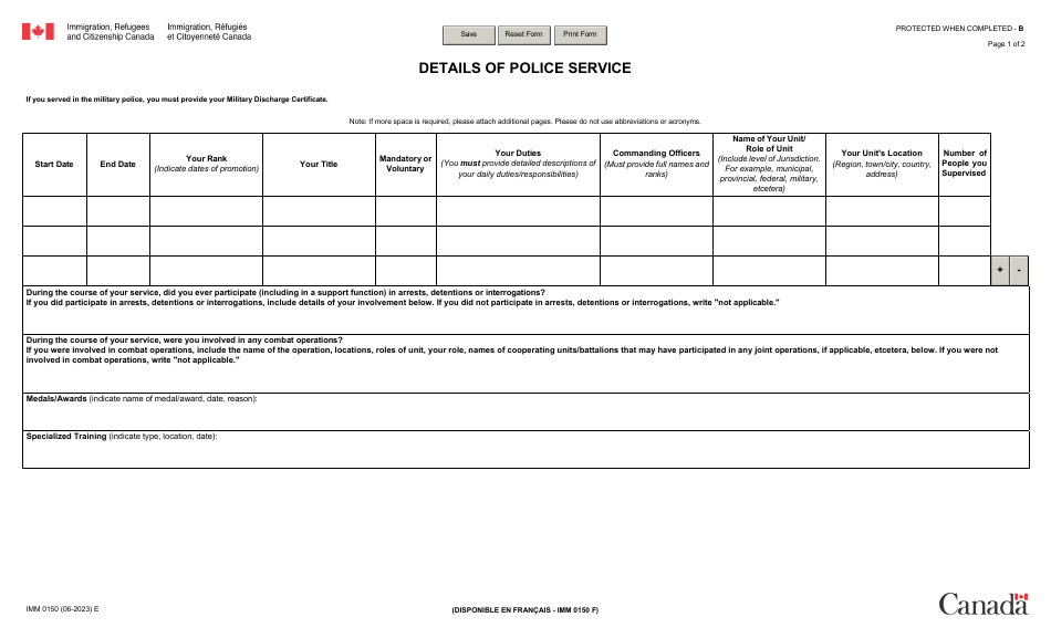 Form IMM0150 Download Fillable PDF Details of Police Service, Canada ...