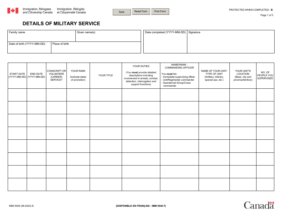 Form IMM5546 Download Fillable PDF Details of Military Service, Canada ...