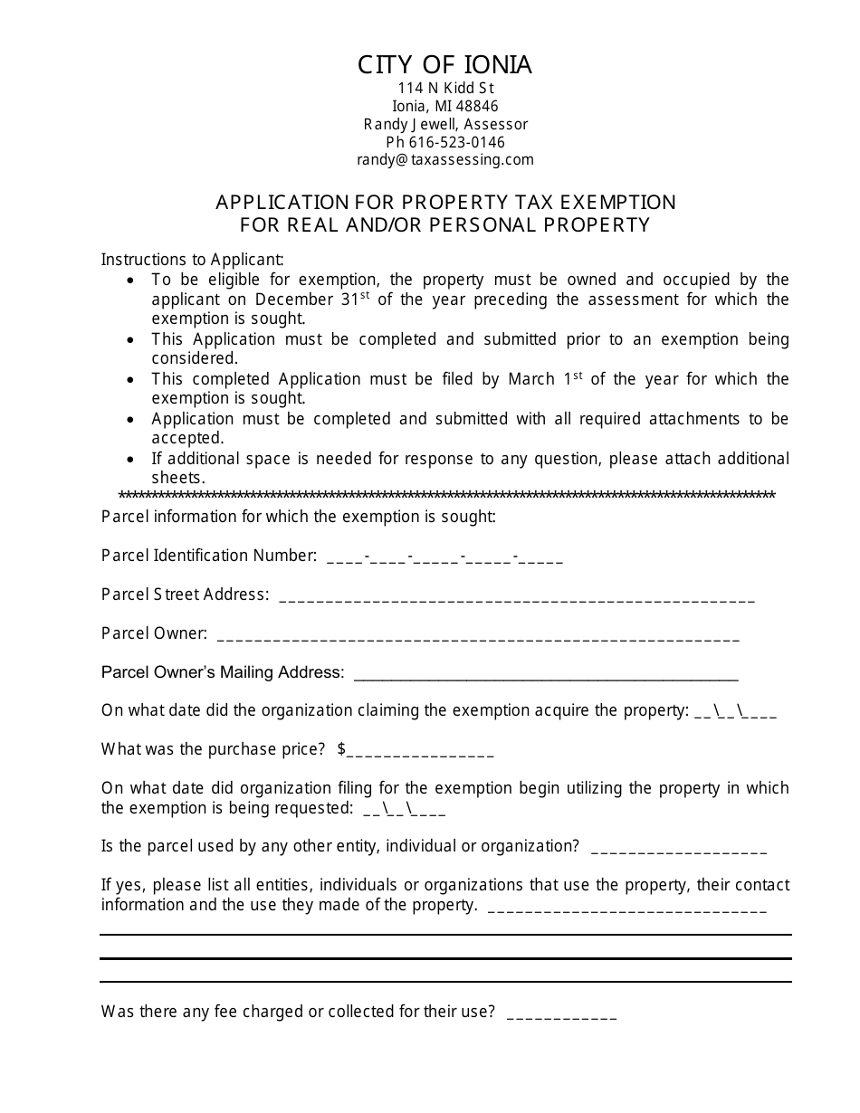 City of Ionia, Michigan Application for Property Tax Exemption for Real ...