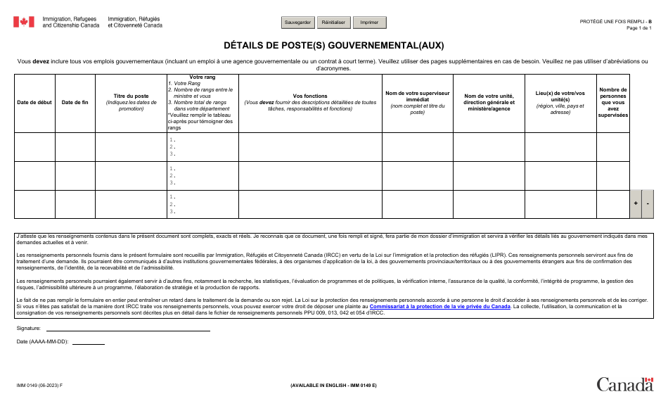 Forme IMM0149 Download Fillable PDF Details De Poste(S) Gouvernemental ...
