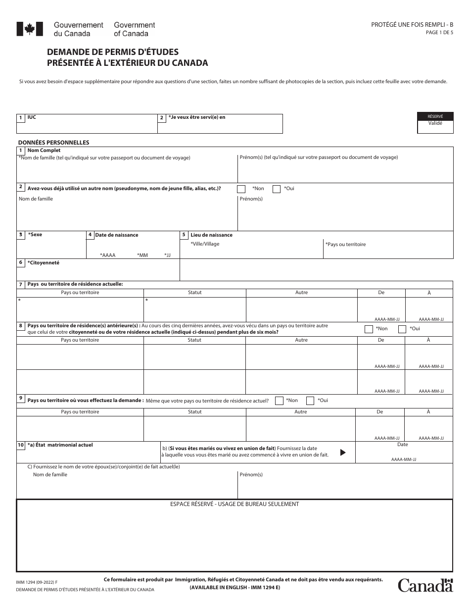 Forme IMM1294 Download Fillable PDF or Fill Online Demande De Permis D ...