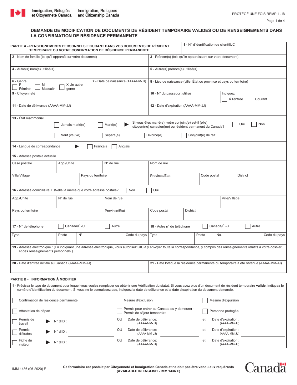 Forme IMM1436 Download Fillable PDF Demande De Modification De La Fiche ...