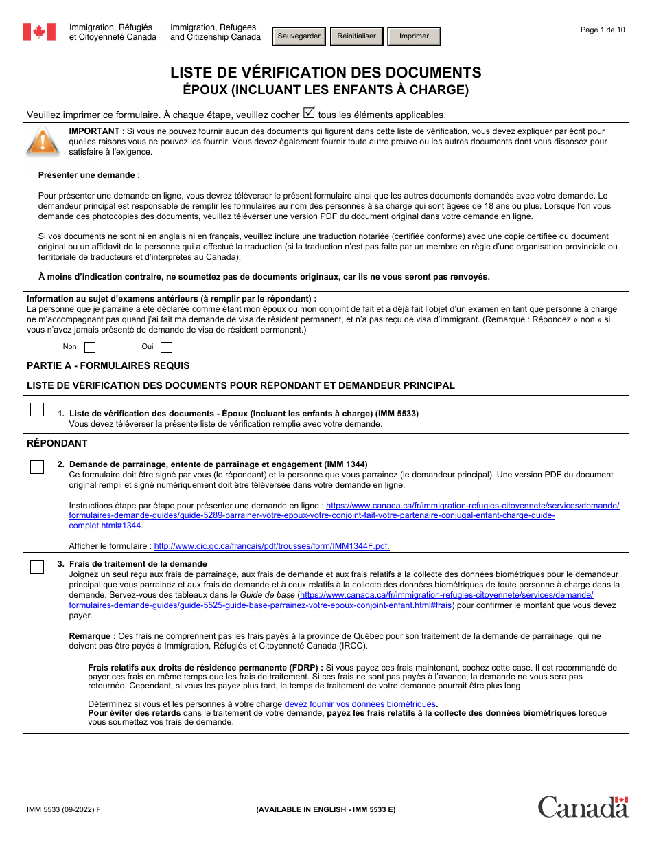 Forme IMM5533 Download Fillable PDF Liste De Verification DES Documents ...