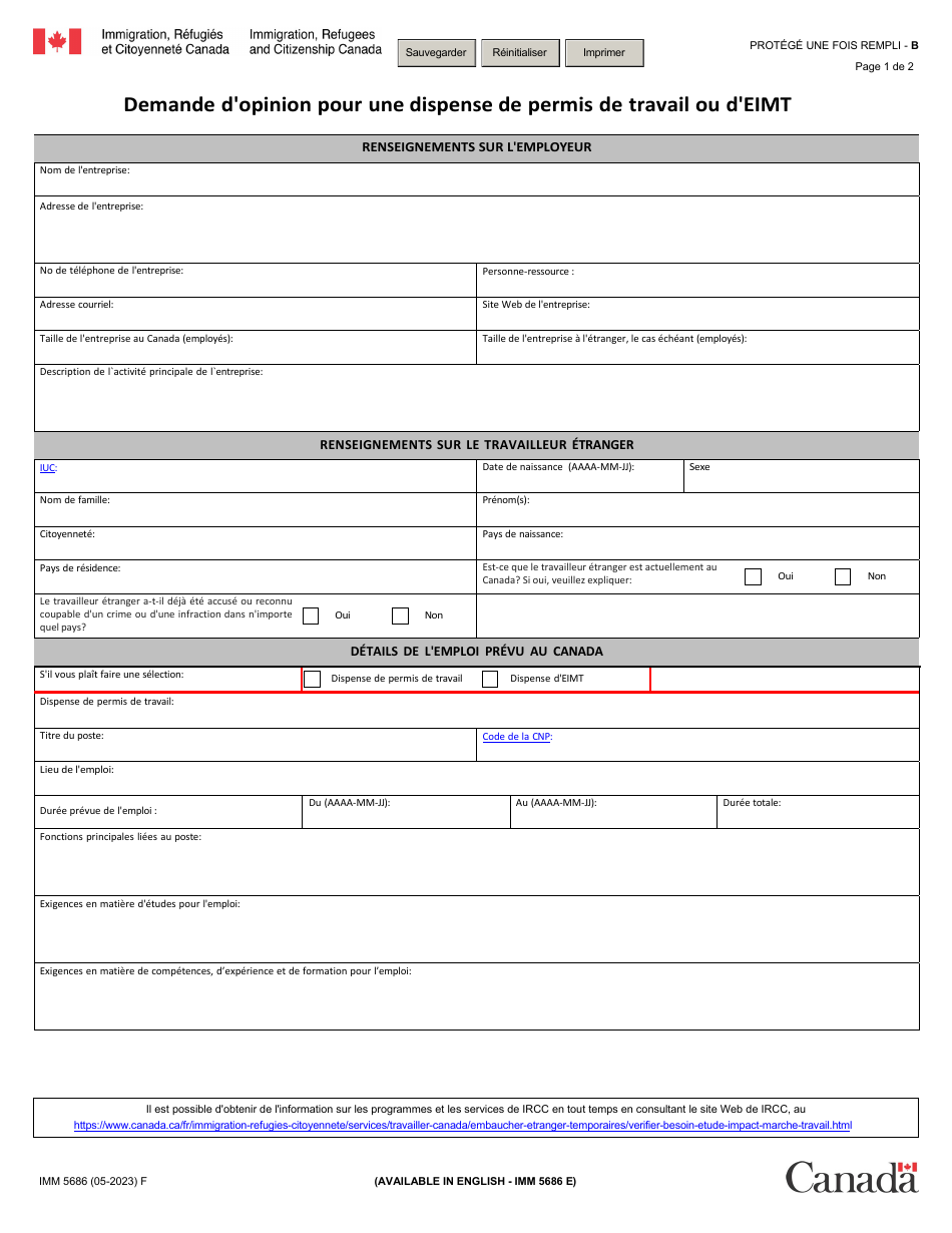 Forme IMM5686 Download Fillable PDF Demande D'opinion Pour Une Dispense ...