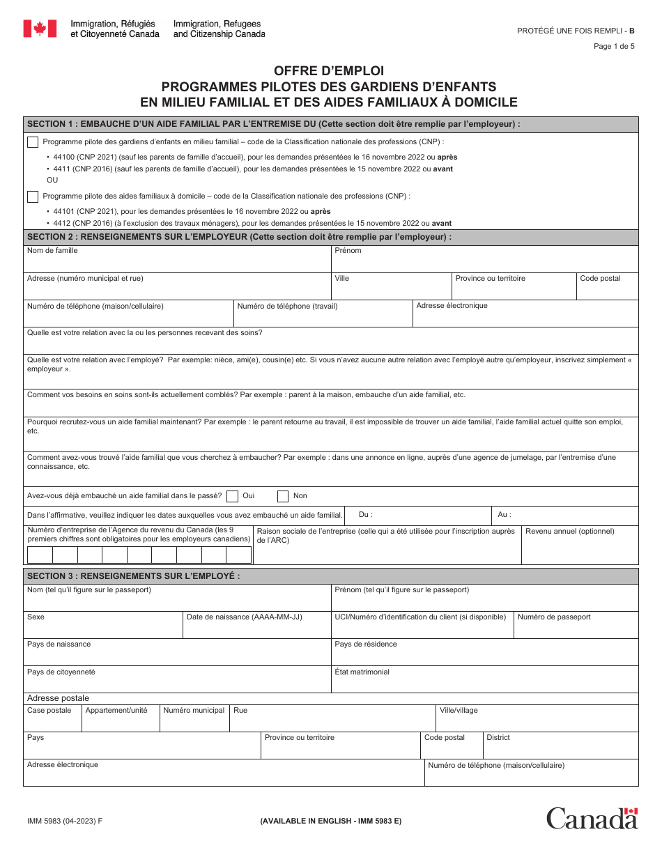 Forme IMM5983 Download Fillable PDF Formulaire D'offre D'emploi ...