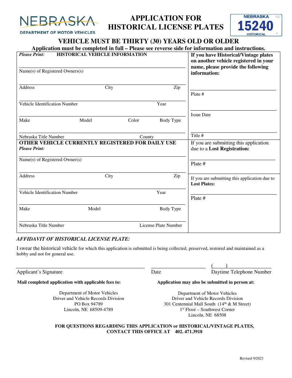 Nebraska Application for Historical License Plates Download Fillable ...